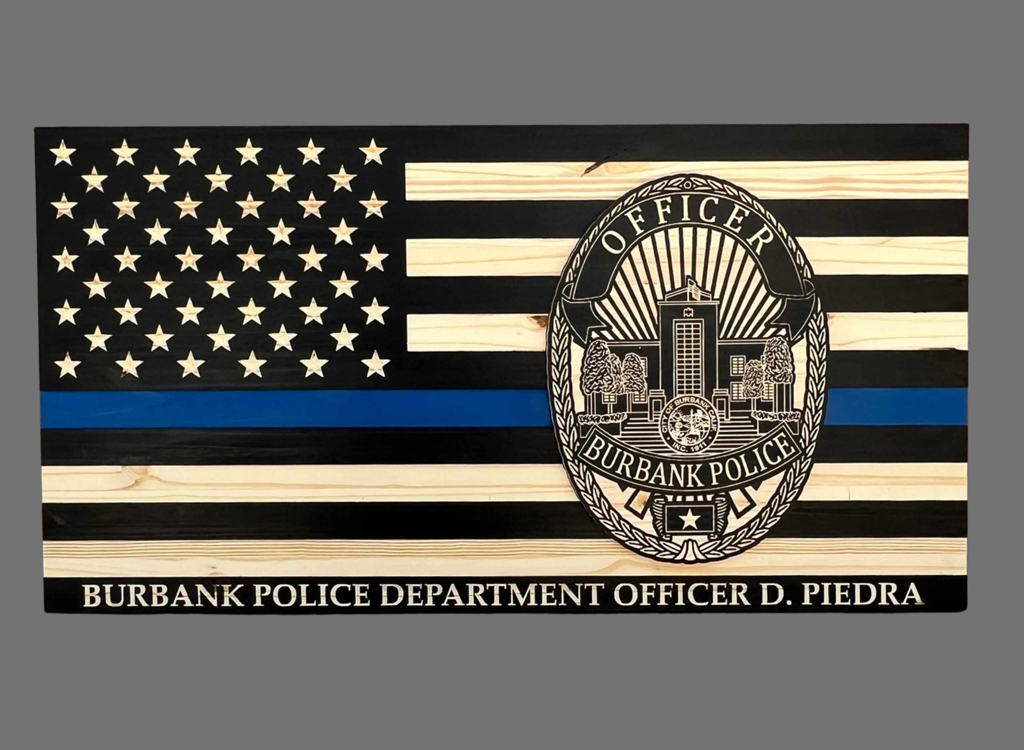 Custom Wood Thin Blue Line Flag with Inlay Badge – Gunner Woodworks
